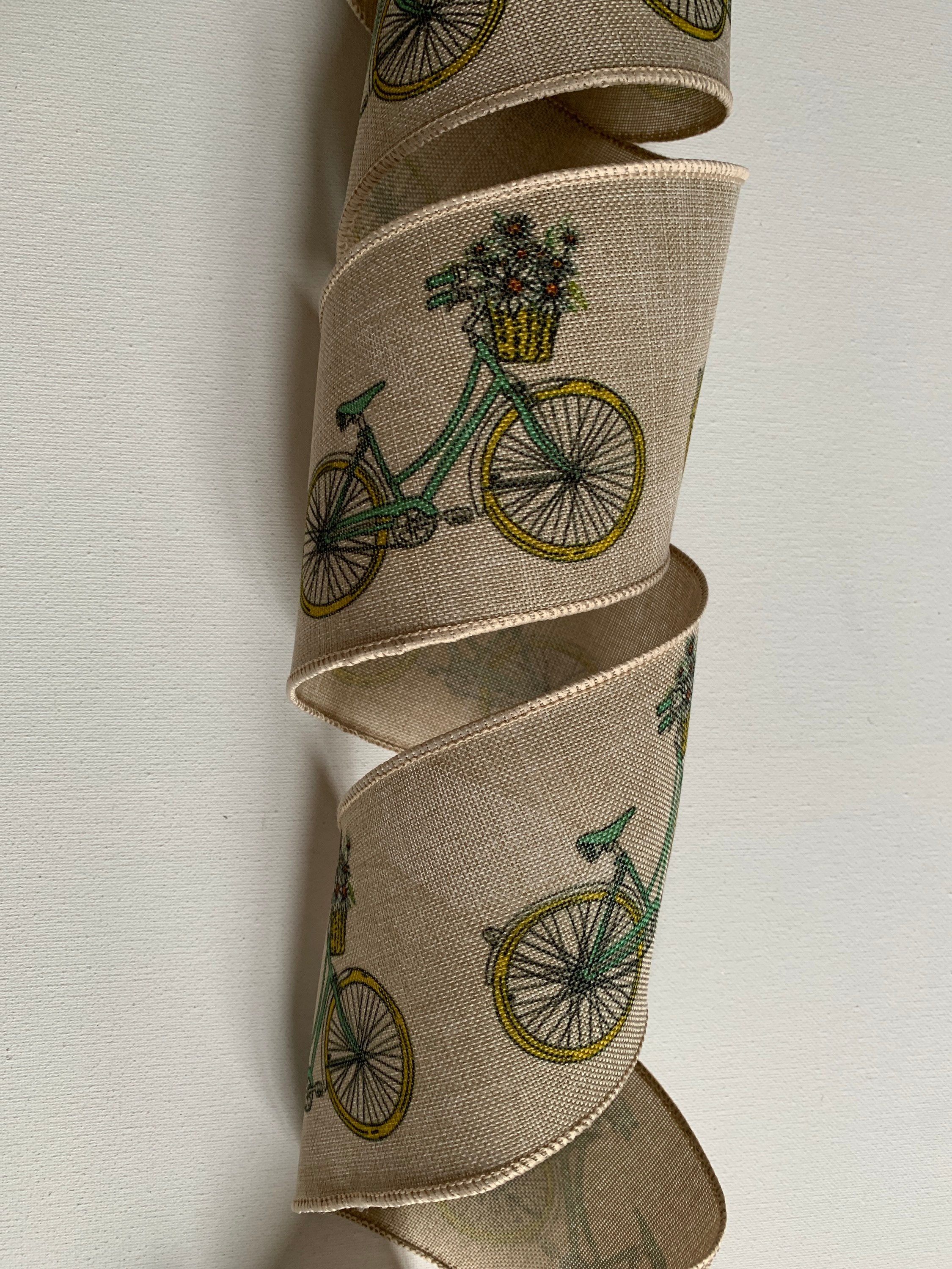 4 Bicycle on Natural Ribbon Green & Yellow Wired | Etsy