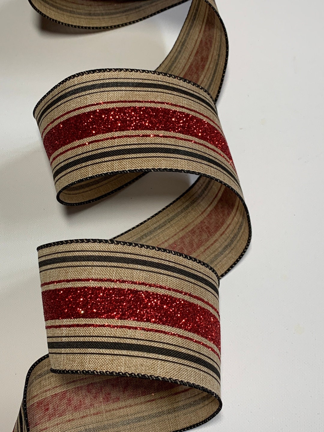 2.5" Linen Stripe Wired Ribbon ~ Natural, Black and Glittered Red ...