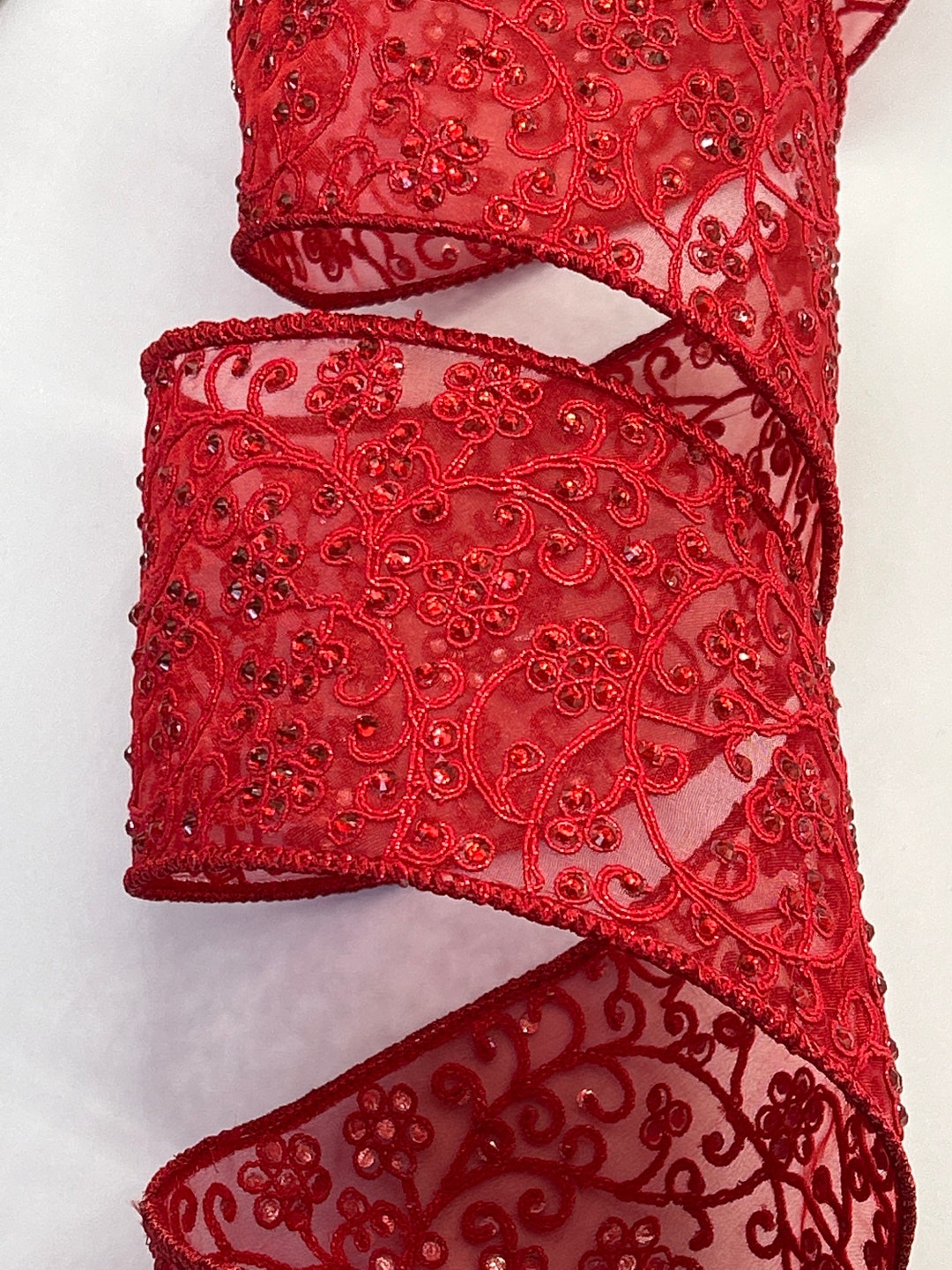 4" Red Sheer Ribbon ~ Embroidered Vines Flowers ~ Jewels ~ Wired Edges ...