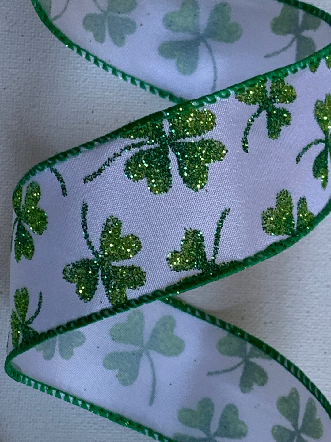1.5 White Ribbon Green Glittered Clover Shamrocks st Patrick's Wired ...