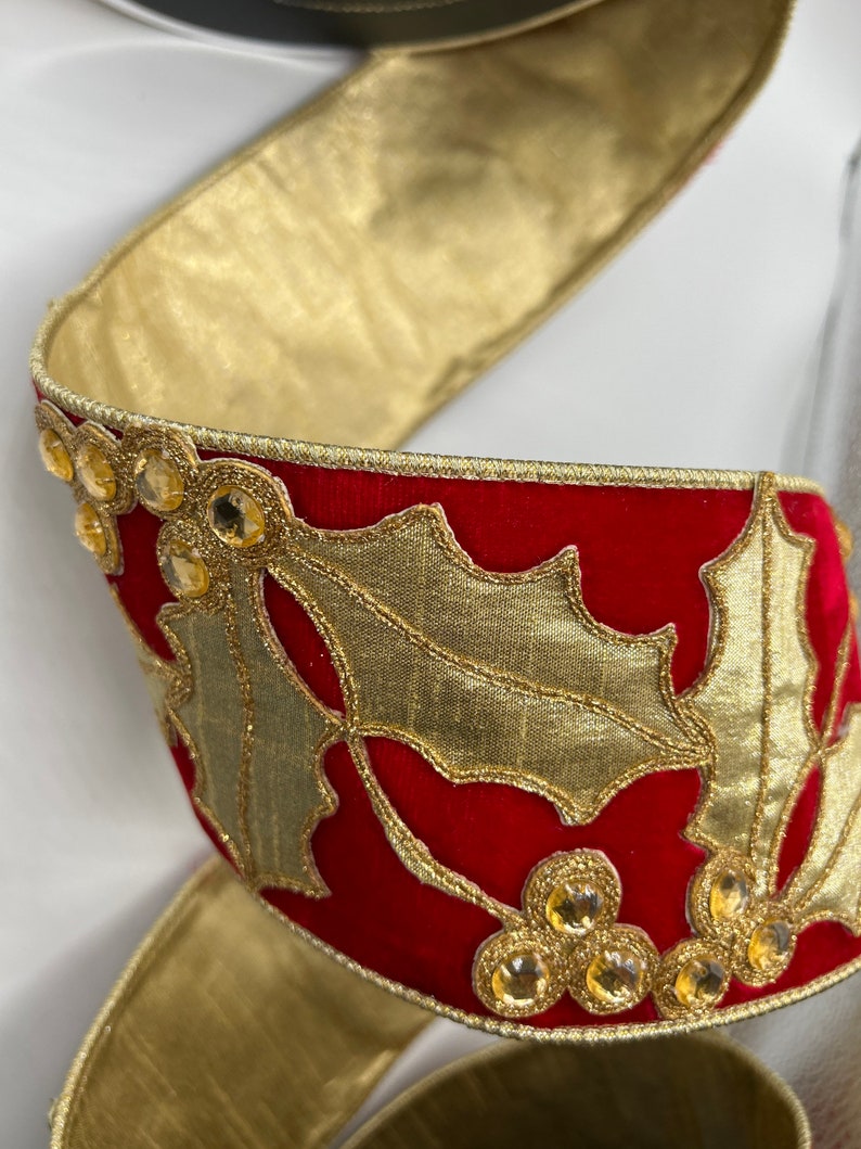 4" Metallic Gold Holly ~ Red Velvet Ribbon ~ Jeweled Berries ~ Wired ...