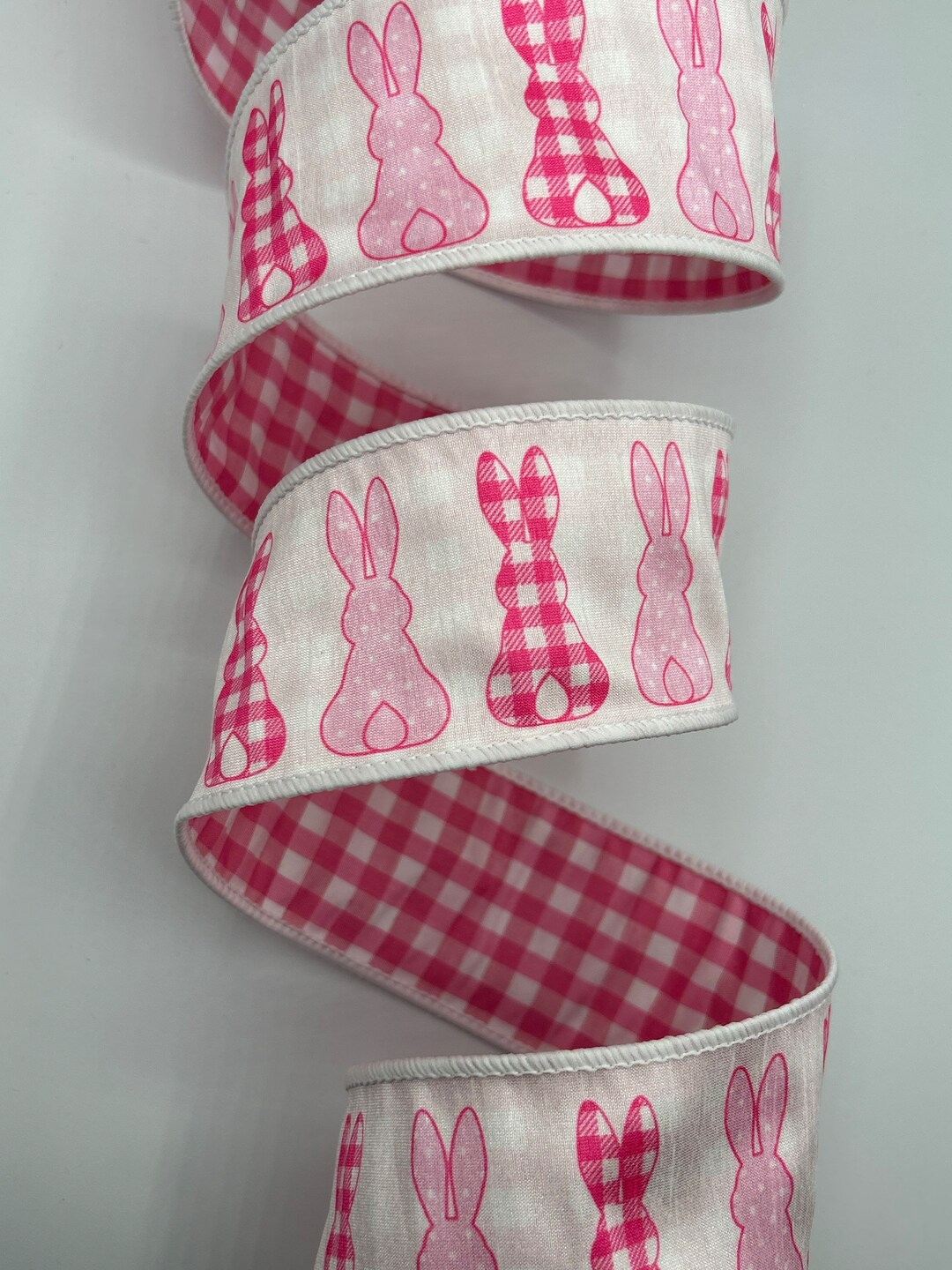 2.5 Pink and White Bunnies Rabbits Easter Ribbon White Dupion Ribbon ...
