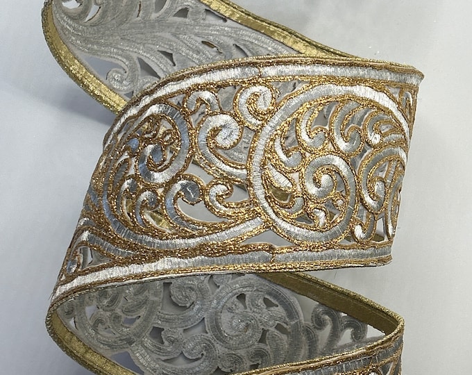 3.5 Silver & Gold Metallic Scroll Ribbon D Stevens Wired Edges 10 Yard ...