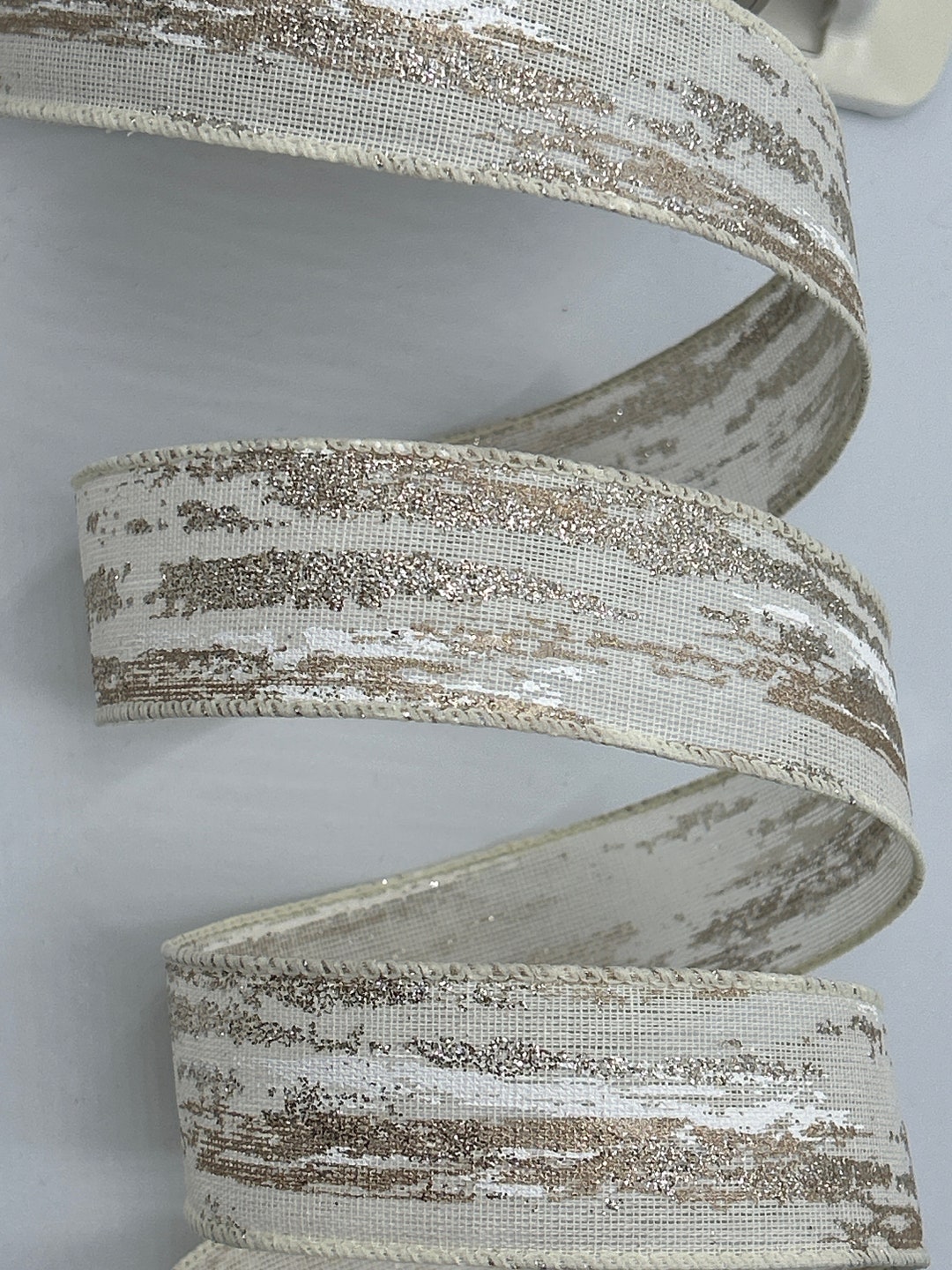 1.5" Faux Linen Birch Bark Ribbon ~ Cream ~ Platinum Glitter ~ Wired ...