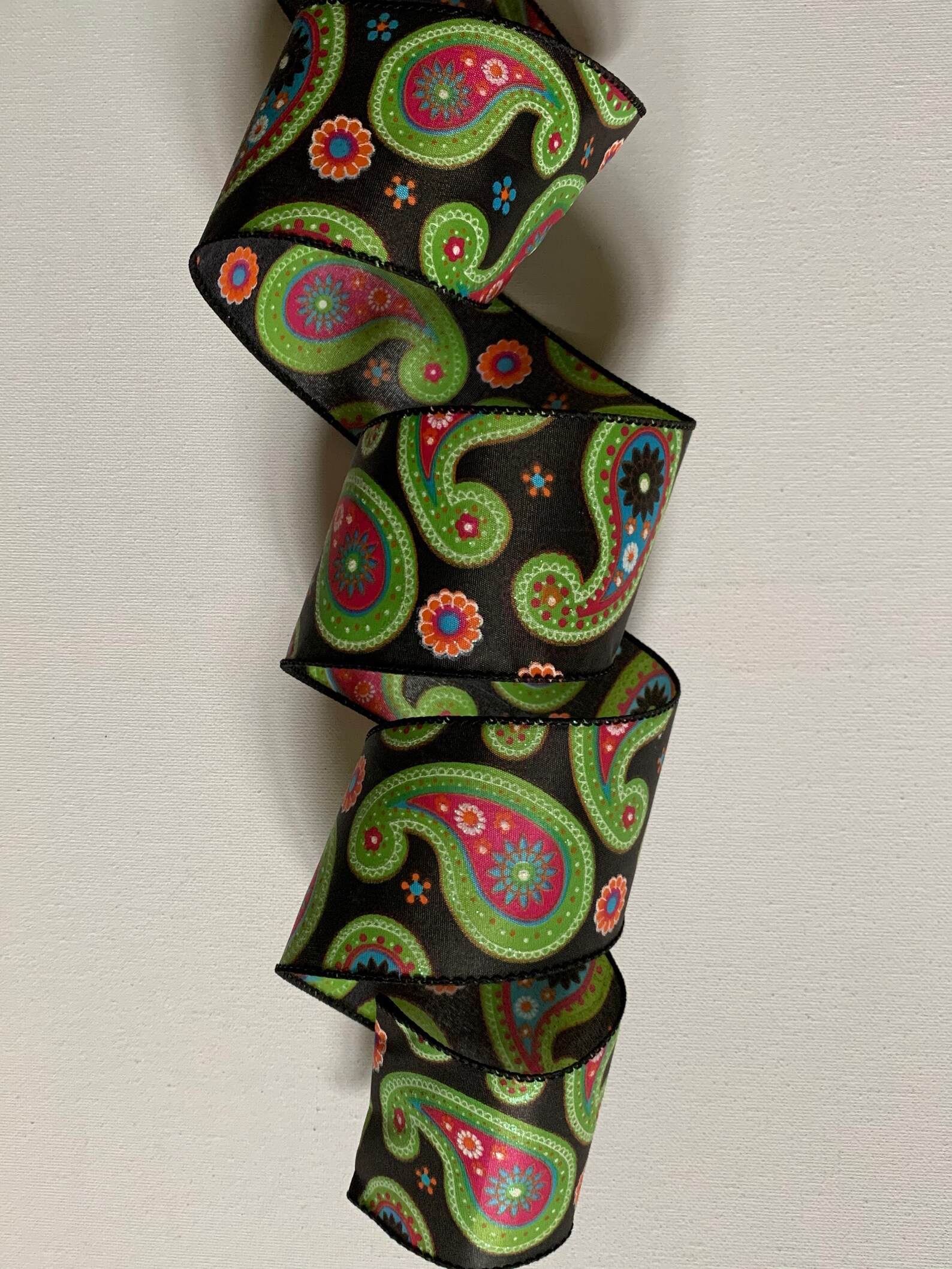 2.5 Paisley Mod Wired Ribbon Black Lime Green - Etsy