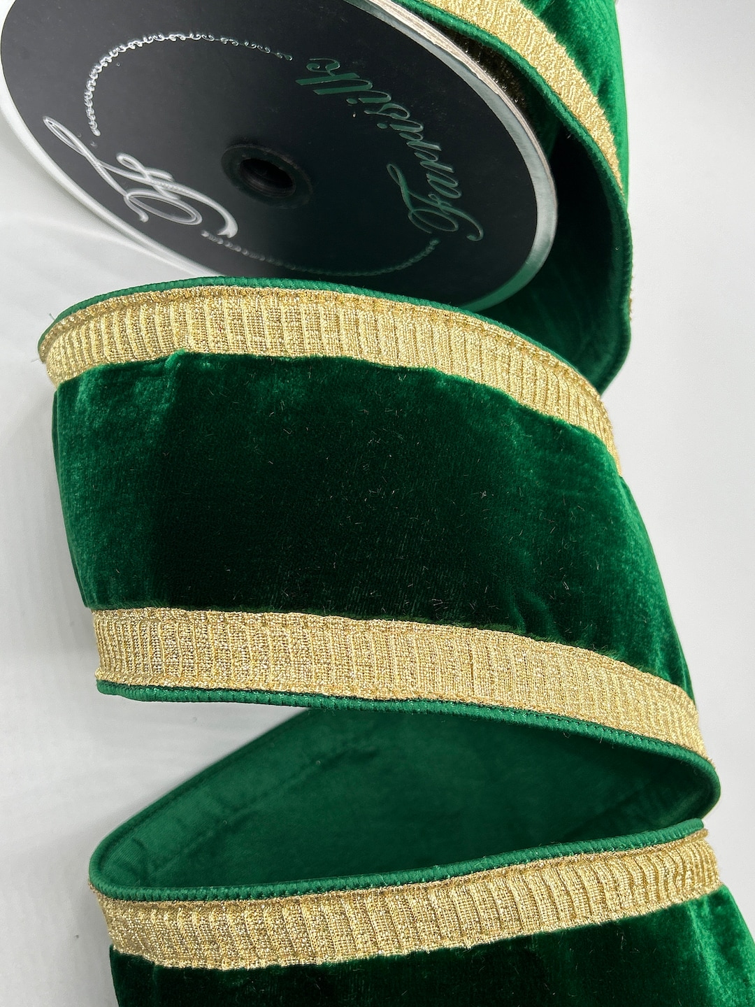 4" Emerald Green Velvet Ribbon ~ Gold Pleated Borders ~ Green Back ...