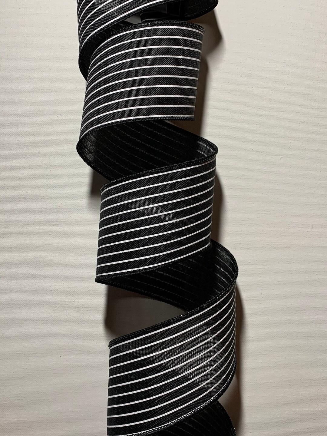 2.5" Black Linen Ribbon ~ White Pin Stripes ~ Wired Edges ~ 10 Yard ...