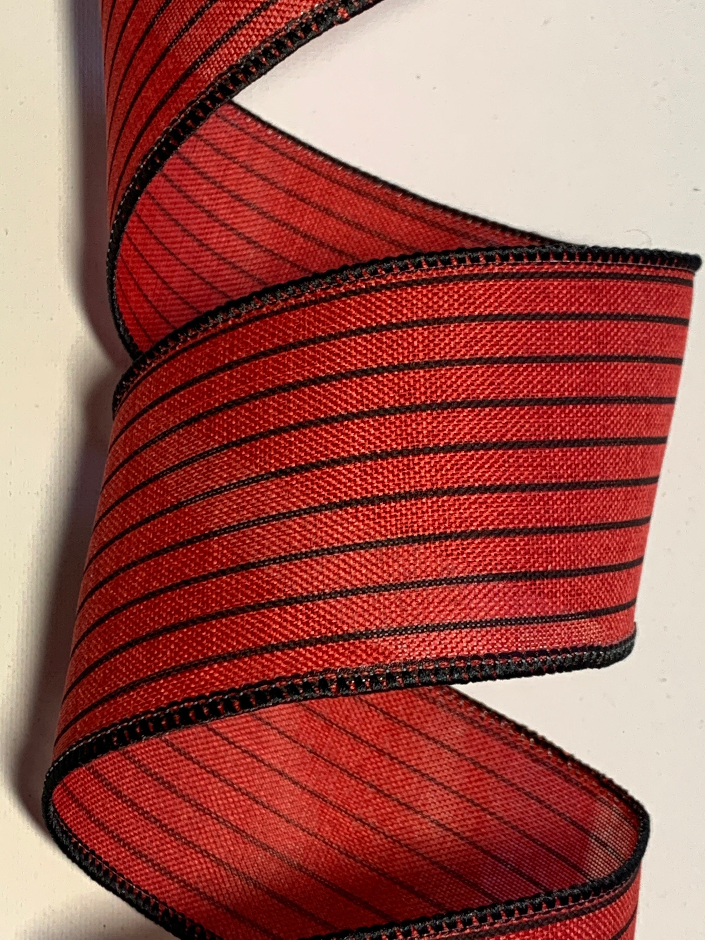 2.5 Red Black Pin Stripe Linen Ribbon Wired Ribbon | Etsy