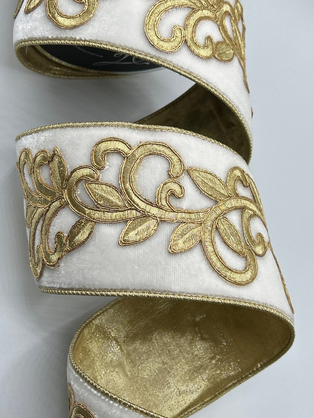 4" Ivory White Velvet ~ Gold ~ Royal Embroidery ~ Wired Edges ...