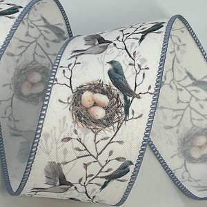 2.5" Birds and Nests on off White Ribbon ~ Slate Blue Wired Edges ~ 10 ...