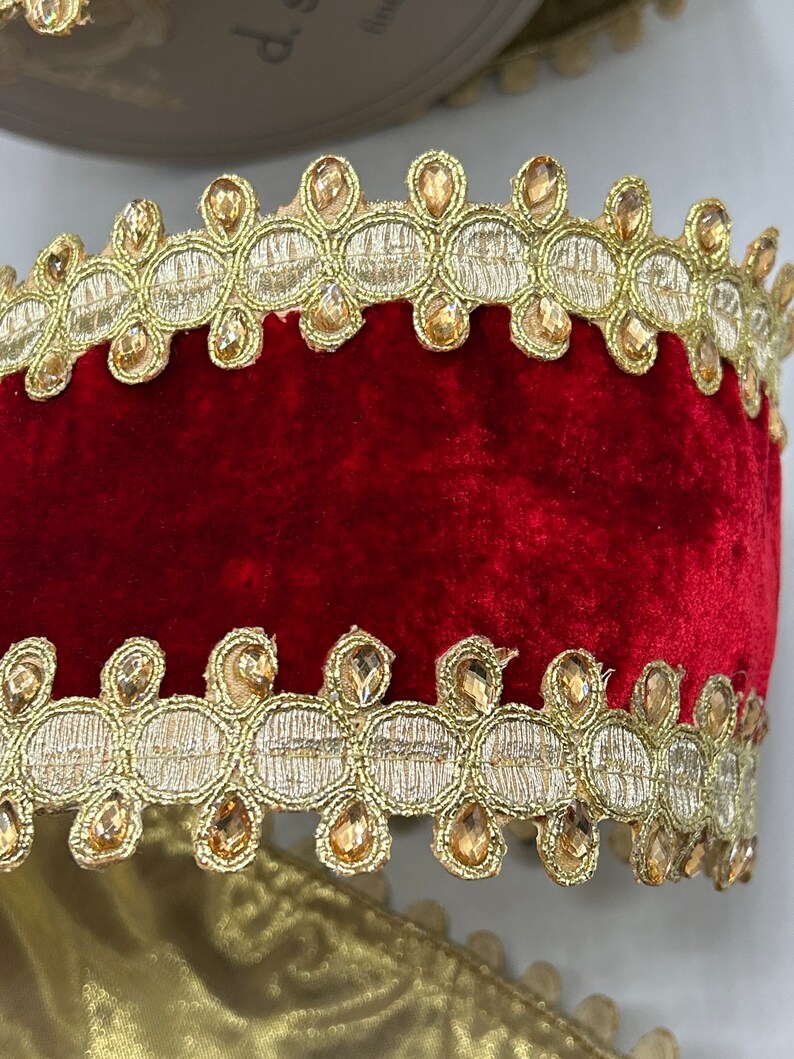 4 Red Velvet Ribbon Gold Embroidered and Jeweled Trim - Etsy
