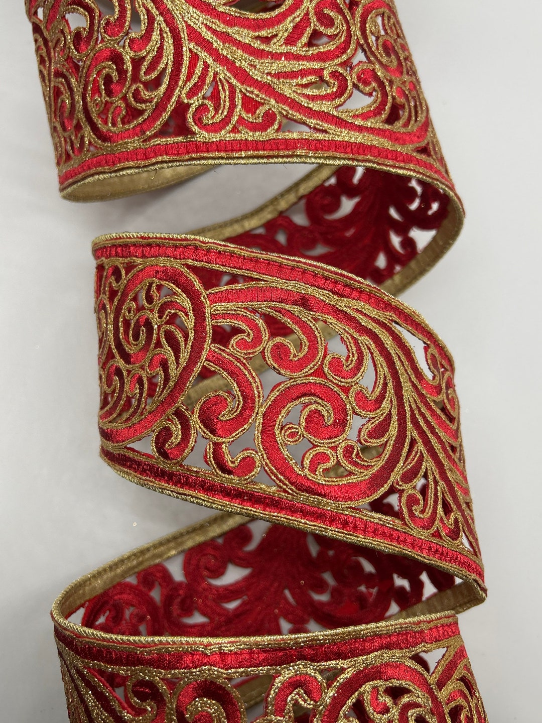 3.5" Red & Gold Metallic Scroll Ribbon ~ D Stevens ~ Wired Edges ~ 10 ...