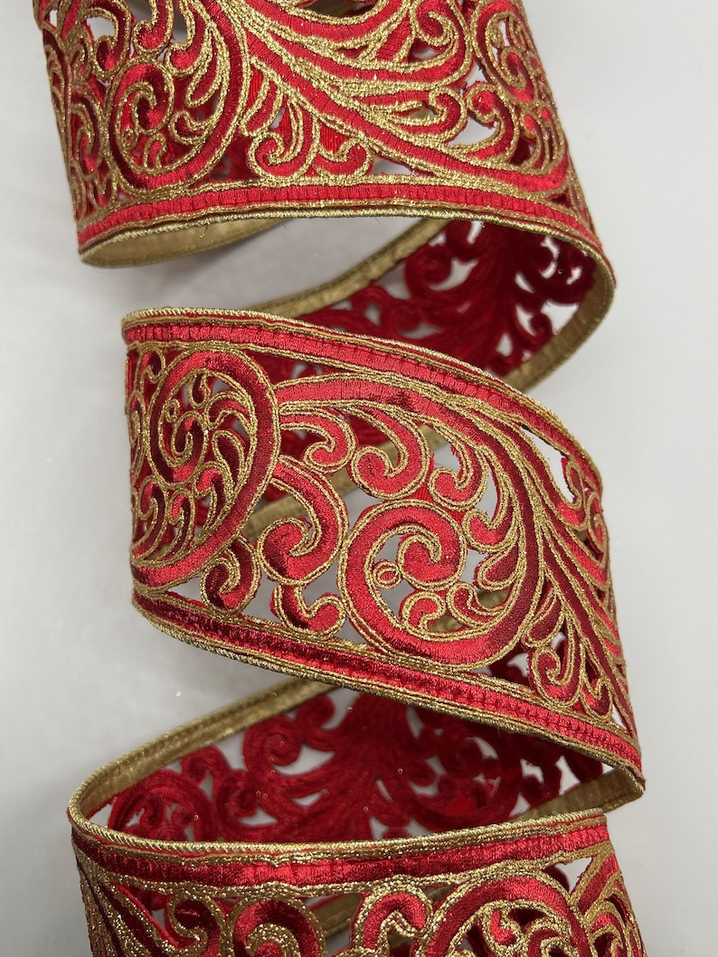 3.5" Red & Gold Metallic Scroll Ribbon ~ D Stevens ~ Wired Edges ~ 10 ...
