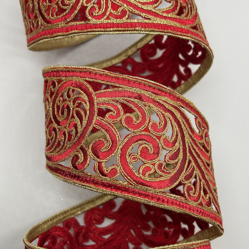 Gold Red Scroll Ribbon - Etsy
