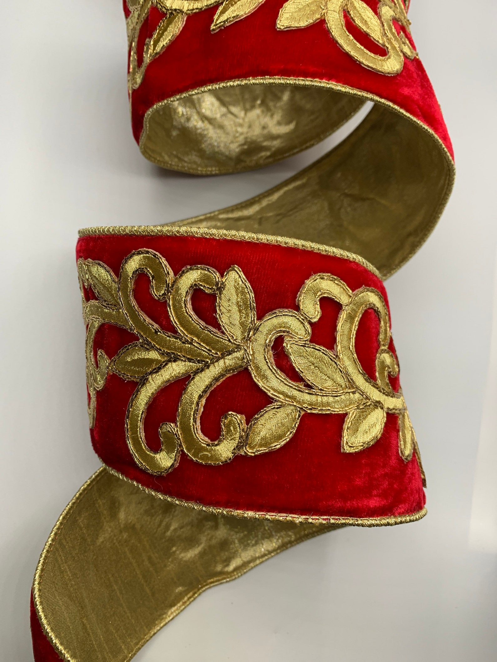 4" Red Velvet ~ Gold ~ Royal Embroidery ~ Wired Edges ~ Designer Ribbon ...