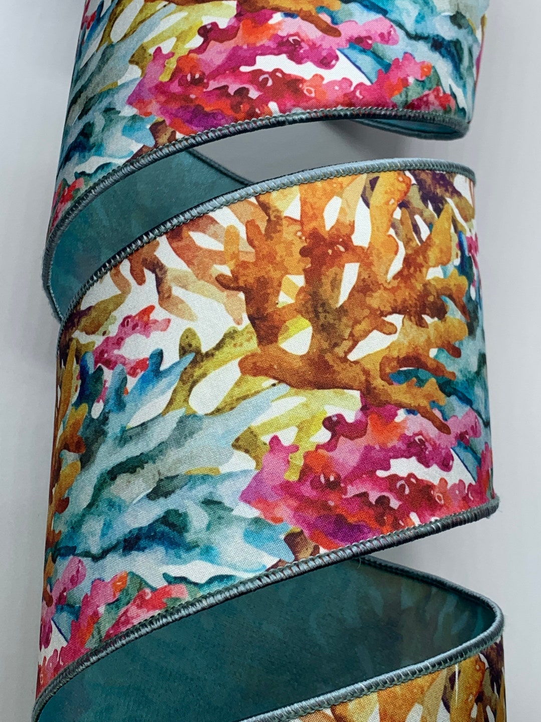 4" Sea Coral Ribbon ~ Multi Color ~ Light Blue Fused Back ~ Wired Edges ...