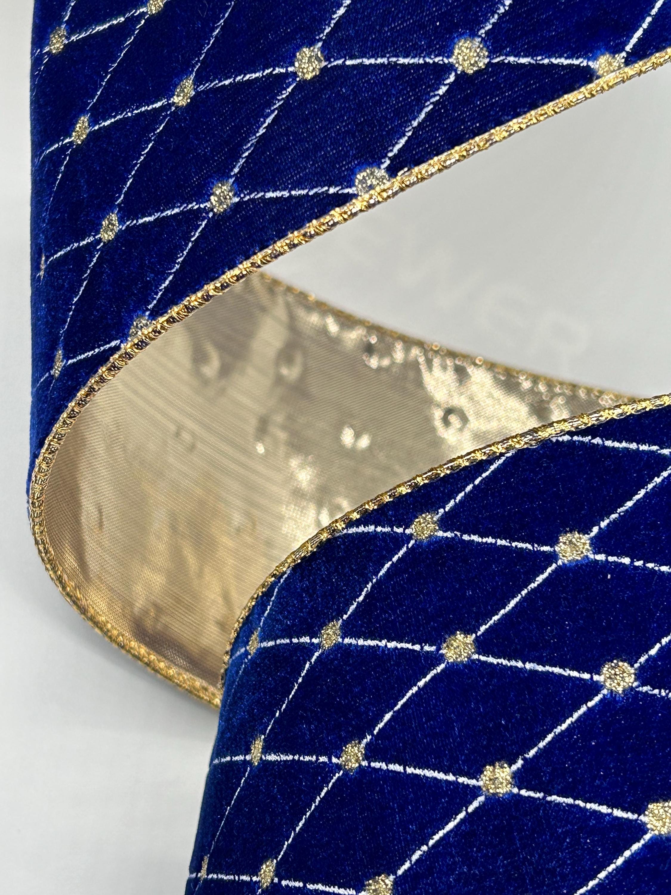 4" Royal Blue Velvet Ribbon ~ Embroidered Diamond Pattern ~ Gold Back ...