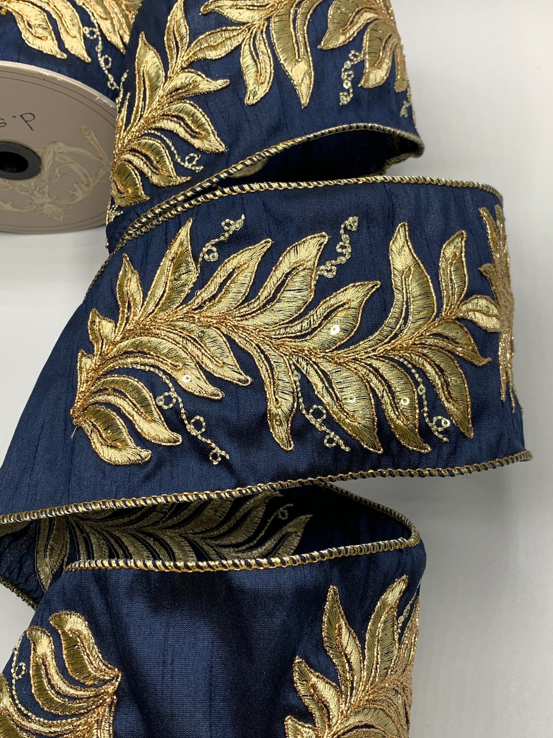 4" Navy Blue Dupion Ribbon ~ Gold Cord Embroidery ~ Faux Silk ~ Wired ...