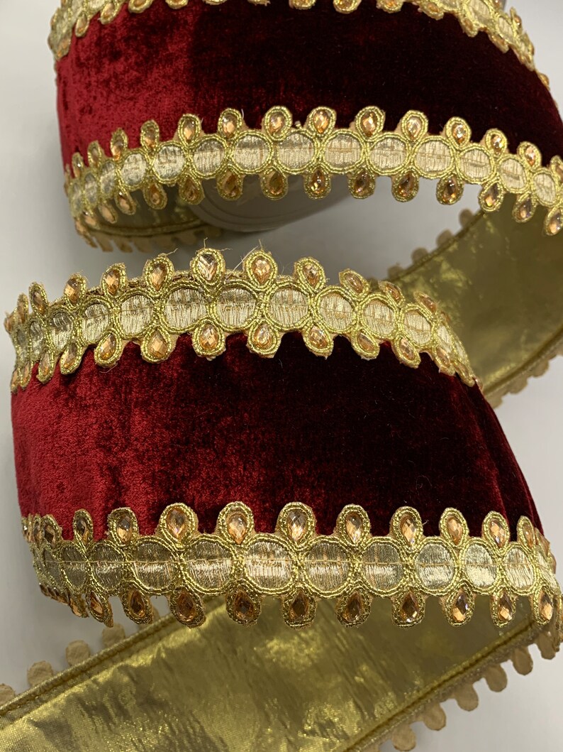 4 Burgundy Velvet Ribbon Gold Embroidered and Jeweled - Etsy