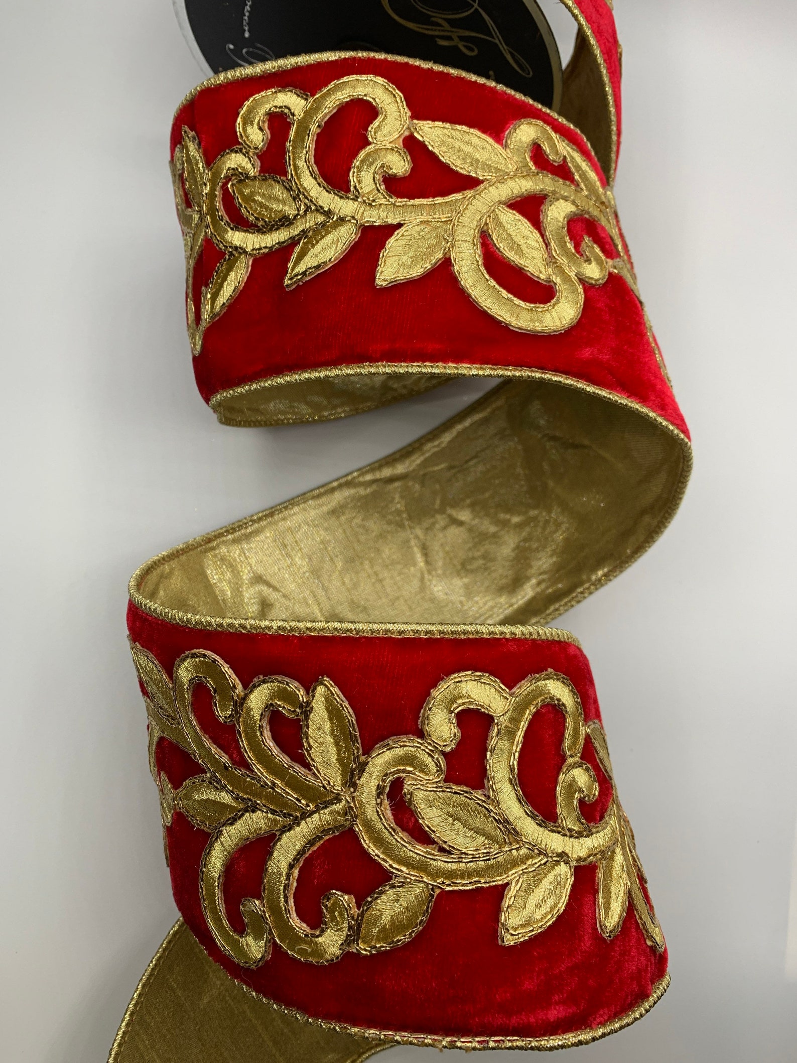 4" Red Velvet ~ Gold ~ Royal Embroidery ~ Wired Edges ~ Designer Ribbon ...