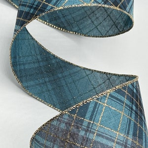 2.5 Blue Plaid Ribbon Navy Denim Blue Metallic Gold Glitter Wired Edges ...