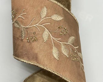 4 Gold Sheer Ribbon Embroidered Vines Flowers Jewels Wired Edges ...