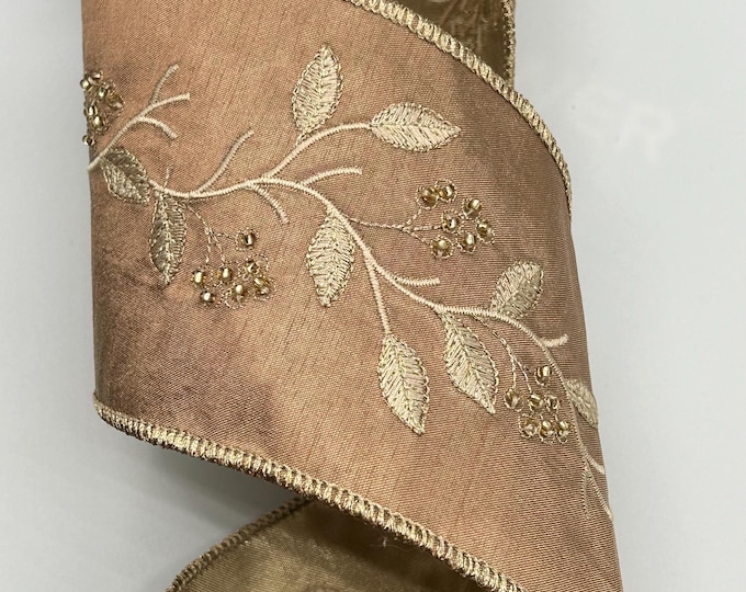 4 Gold Sheer Ribbon Embroidered Vines Flowers Jewels Wired Edges ...