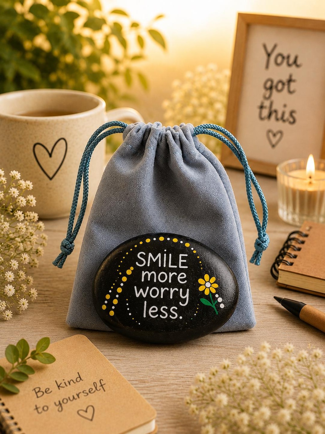Personalized Pocket Hug Stone, Smile More Worry Less Gift ...