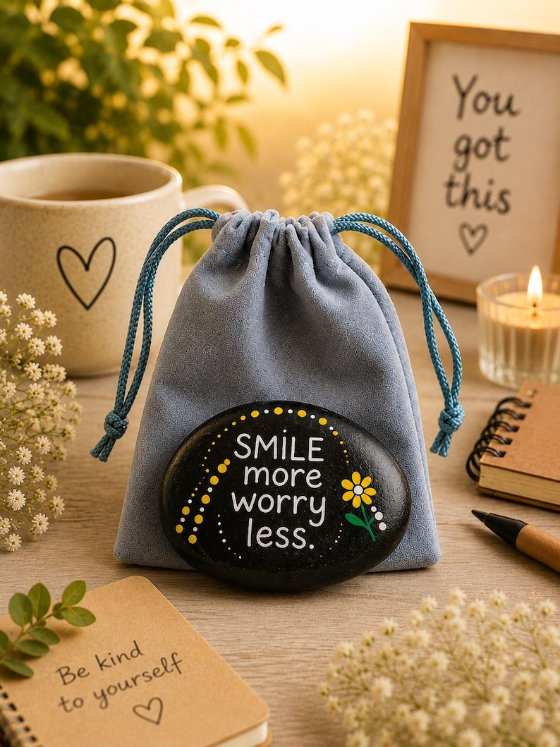 Personalized Pocket Hug Stone, Smile More Worry Less Gift ...