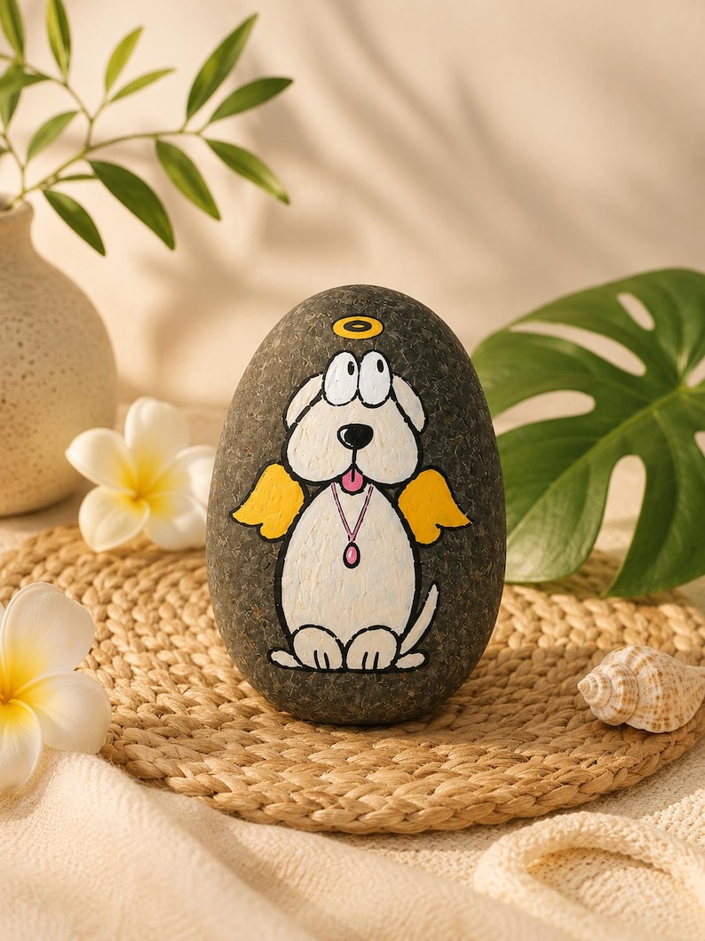 Hand-painted Angel Dog Memorial Stone – Pet Remembrance Pebble Keepsake ...