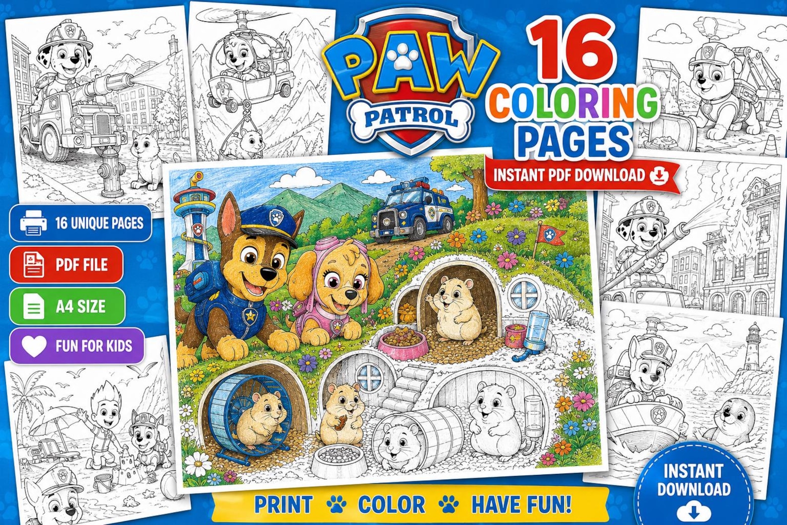Paw Patrol Coloring Pages Pack | 16 Printable Coloring Pages | Instant ...