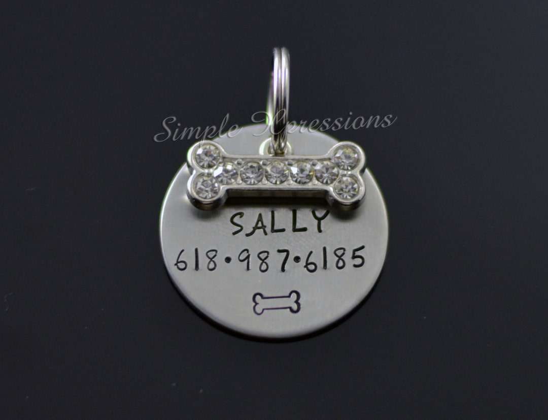 Engraved Pet ID Dog Tag - 1" Round Stainless Tag With Rhinestone Bone ...