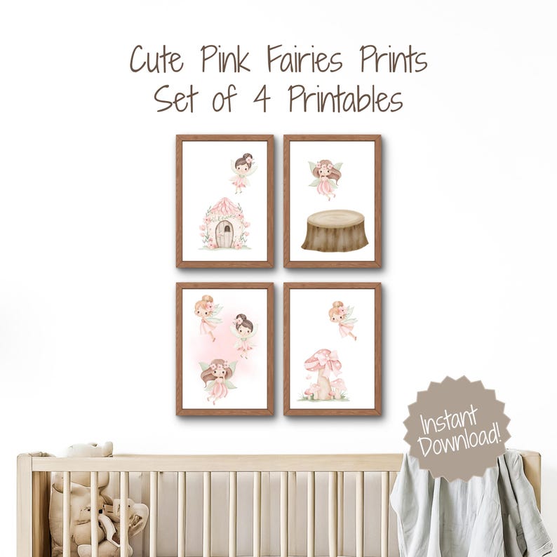Pink Fairy Watercolor Prints Set of 4 | Woodland Nursery Wall Art ...