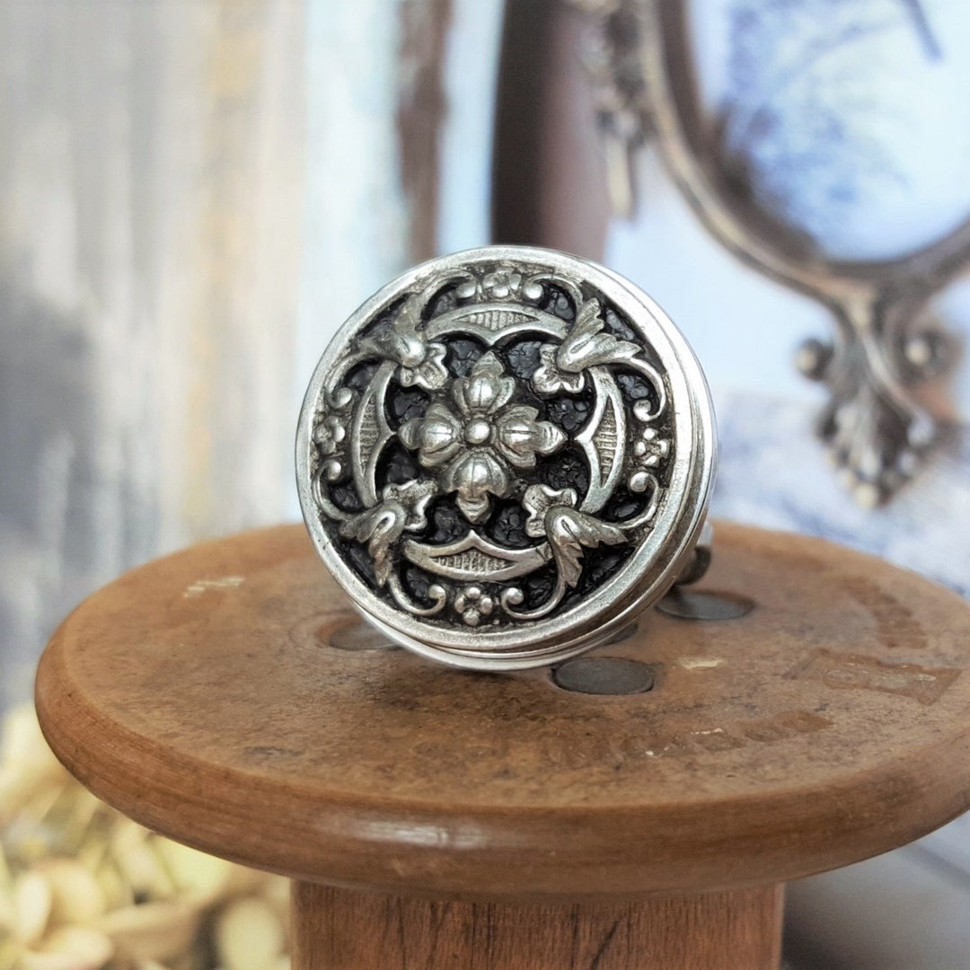 Chunky Silver Ring, Hand Cast Metal Button Ring, Period Costume Jewelry ...