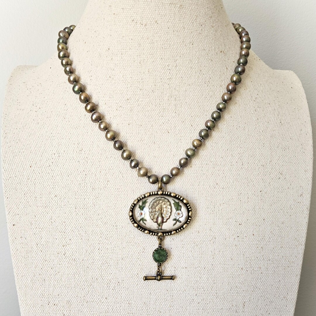 Antique Intaglio Necklace, Peacock, Essex Glass, Goofus Glass, Olive ...