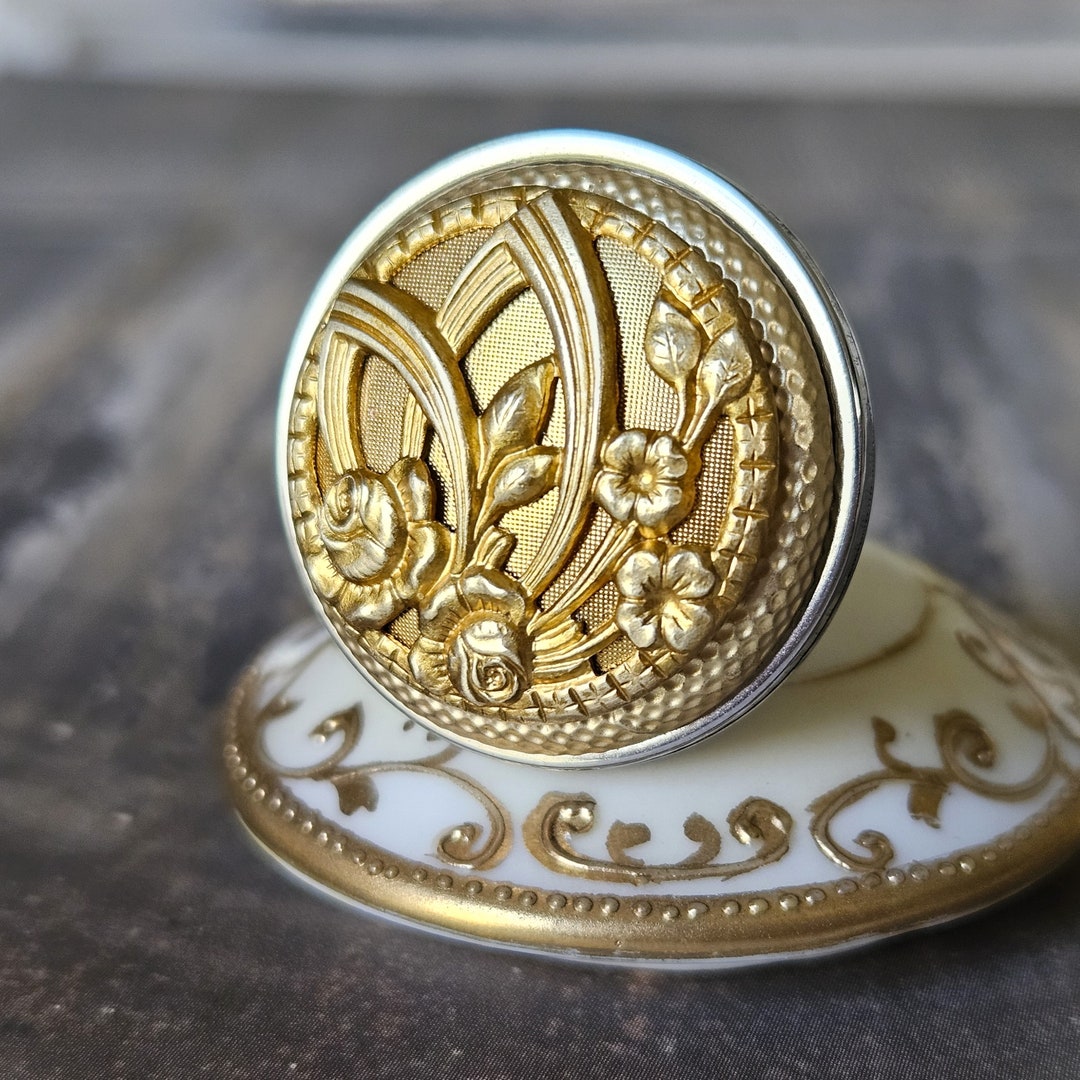 Antique Button Ring With Stunning Floral Design, Adjustable Stainless ...