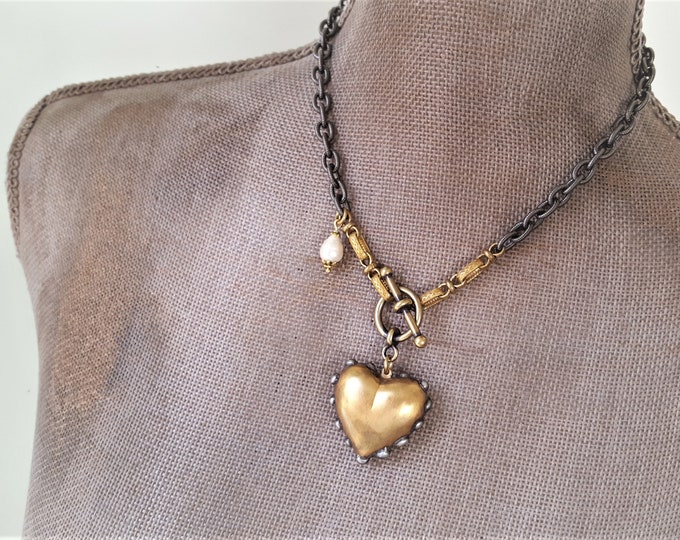 Chunky Gold Heart and Baroque Pearl Necklace, Love Token, Valentines ...