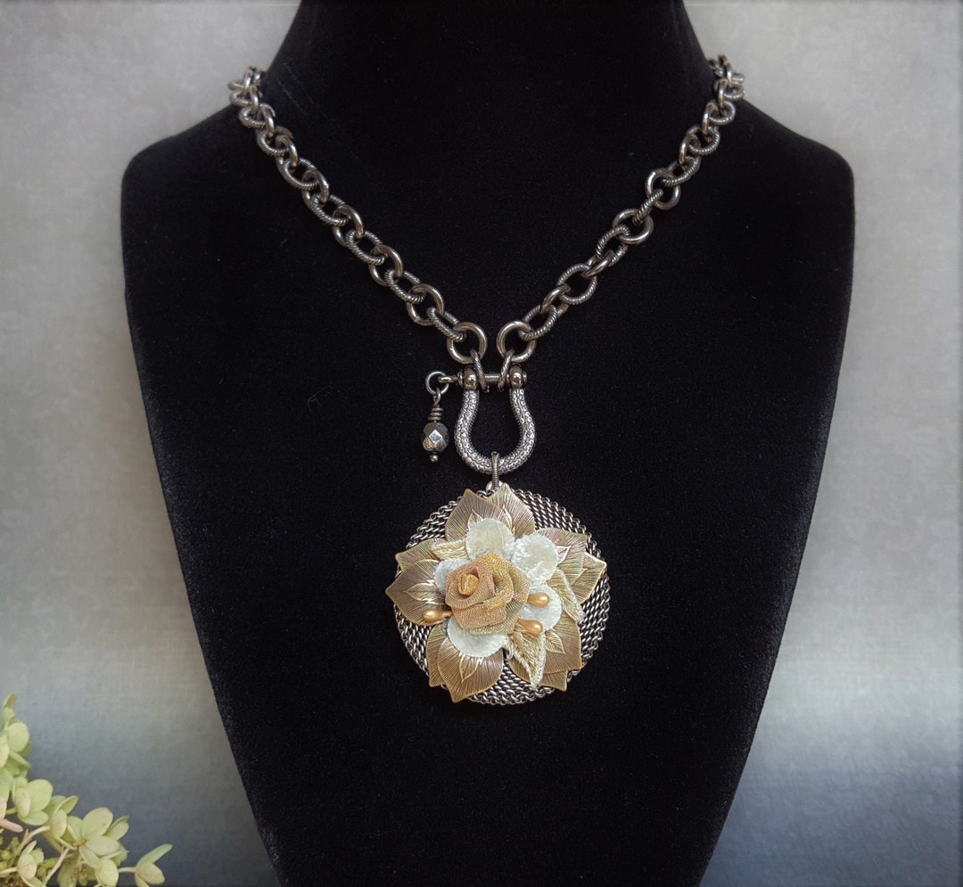 Textile Art Necklace, Assemblage Jewelry, Flora and Fauna, Flower ...