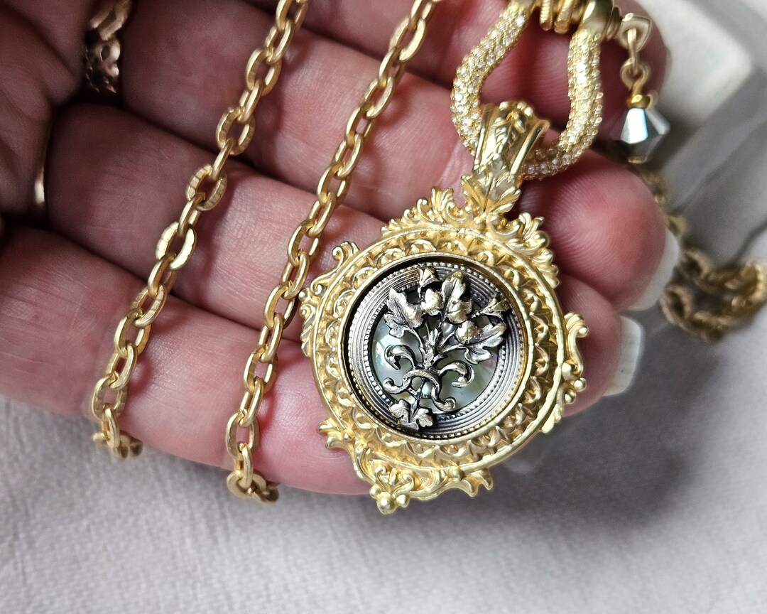 Long Crest Medallion Necklace, Antique Button Necklace, Long Necklace ...