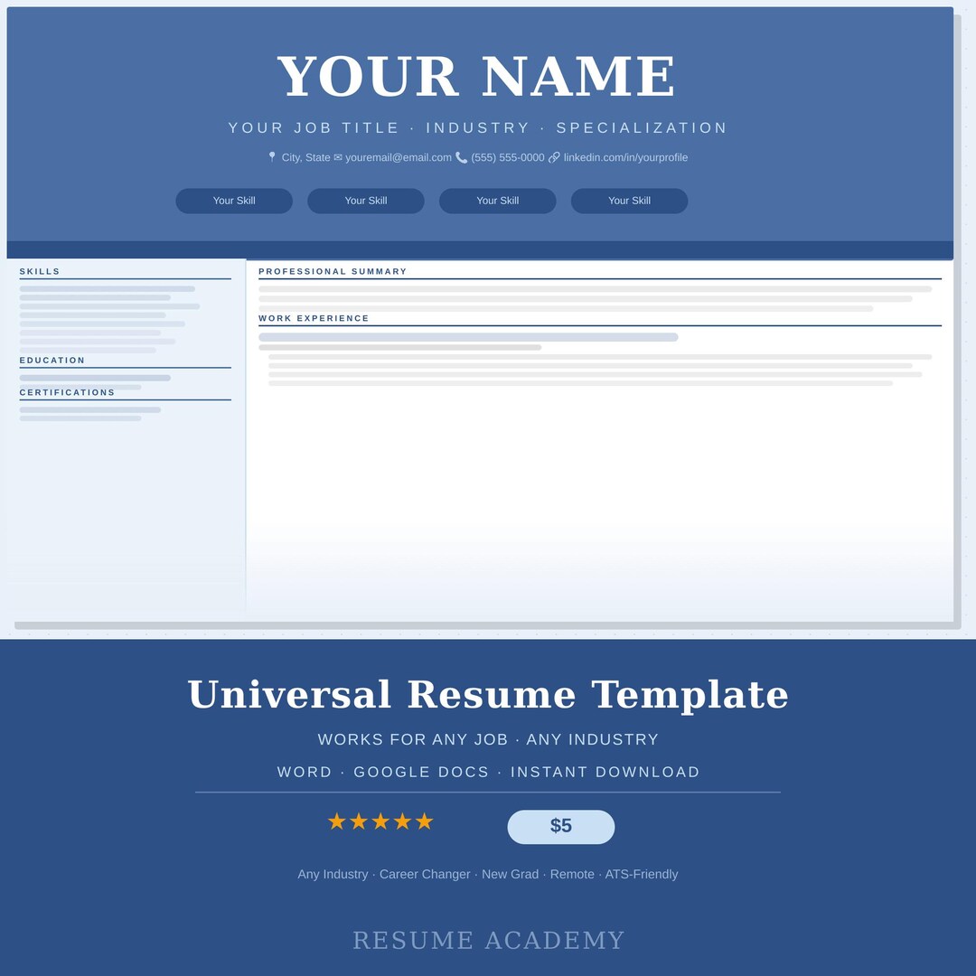Universal Resume Template | Modern CV, Word, Google Docs (instant ...