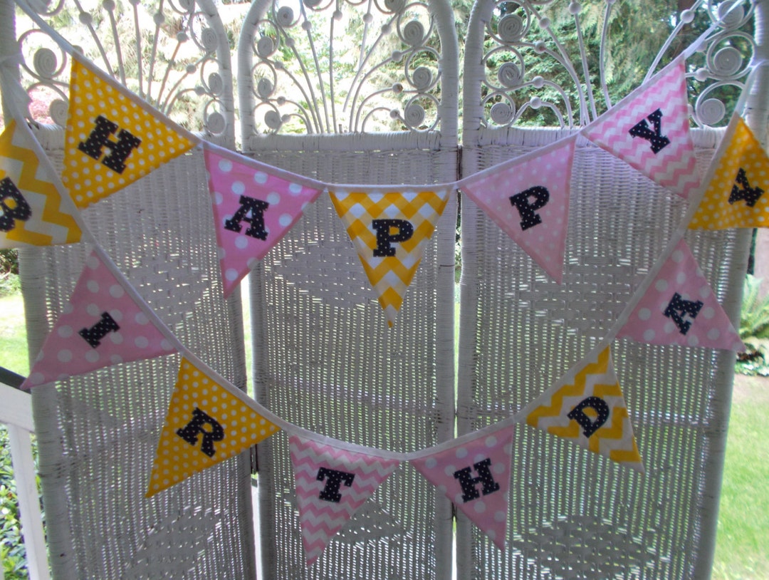 Pink and Yellow Fabric Happy Birthday Banner- Pink Lemonade Birthday - Etsy
