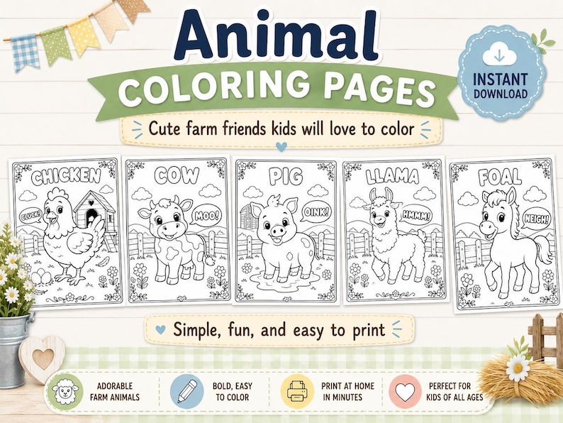 Farm Animal Coloring Pack, Printable Activity Pages, Mazes, Word Search ...
