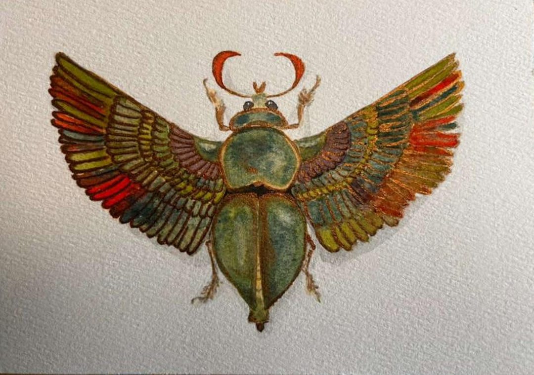 Original Watercolor Painting – Scarab Beetle, Egyptian Totem Art, Gold ...