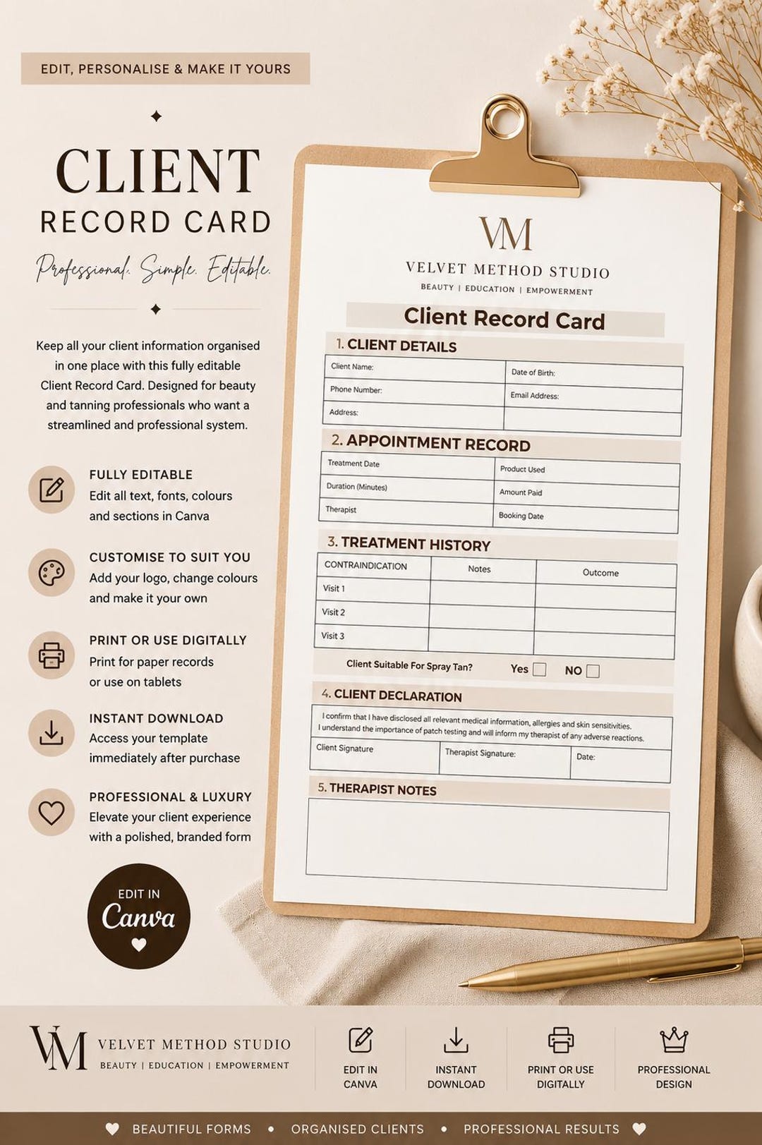Editable Client Record Card Canva Template | Beauty Salon Forms ...