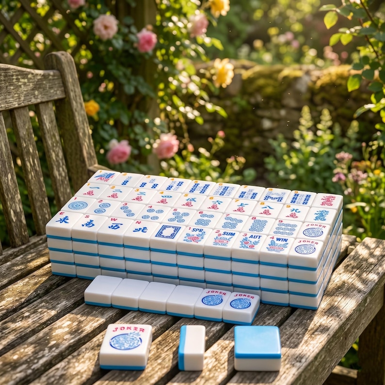 Mahjong Tile Set | Blue and White Line Mahjong Melamine Tiles | Set of ...