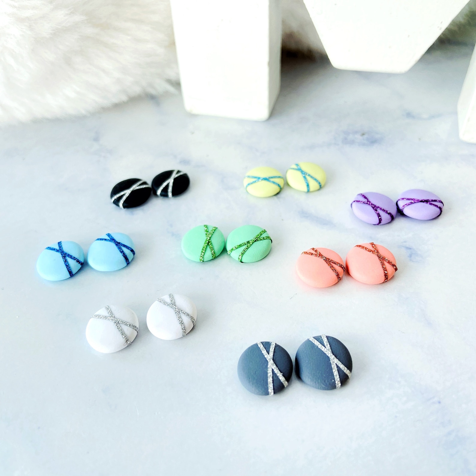 Handmade Polymer Clay With Glitter Strips Round Hypoallergenic Earrings ...