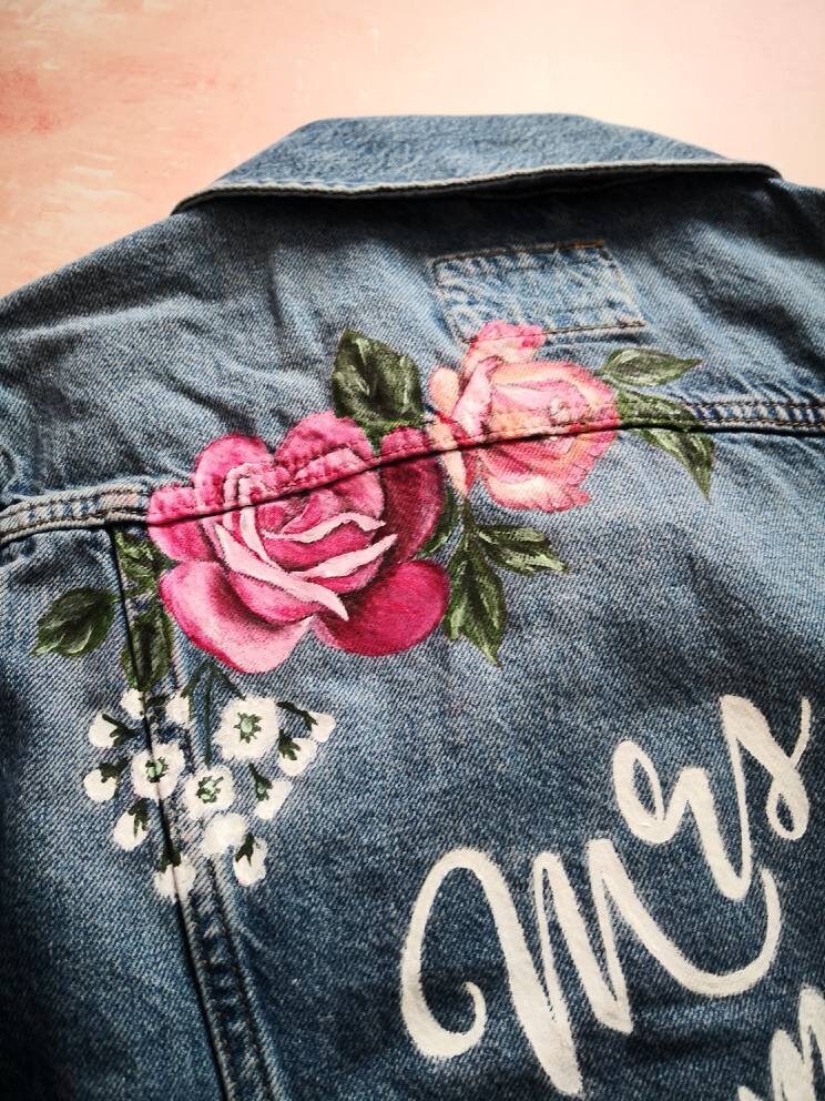 Hand Painted Pink Rose Wedding Jacket Custom Painted Denim | Etsy