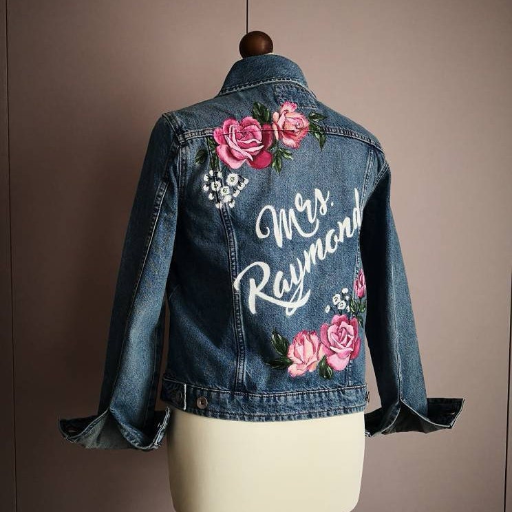 Hand Painted Pink Rose Wedding Jacket Custom Painted Denim | Etsy