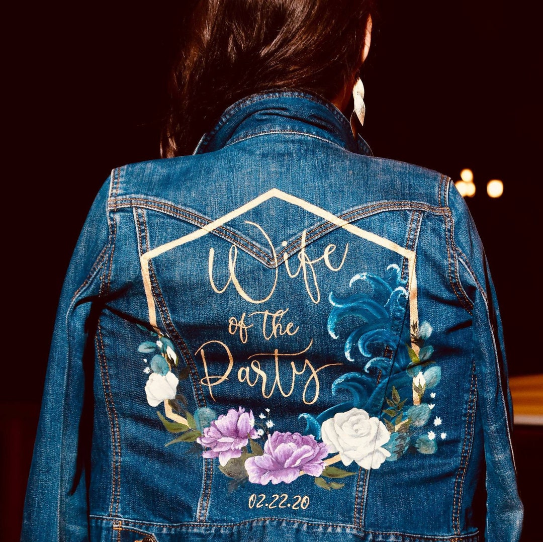 Hand Painted Pink Rose Wedding Jacket, Custom Painted Denim Bridal ...