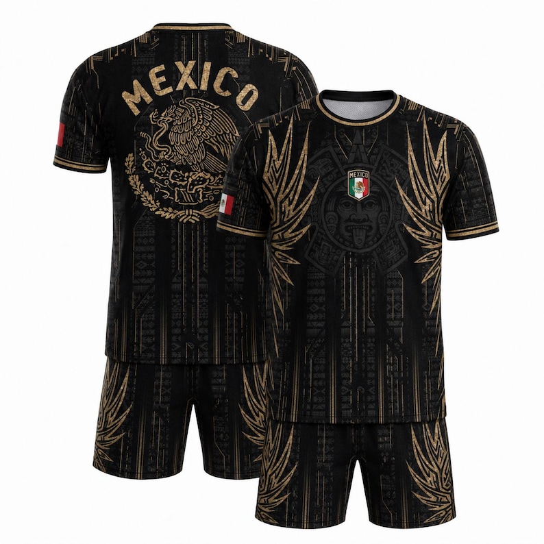 Men Black Gold Mexico Aztec Calendar Clothing Set Graphic Soccer Jersey ...